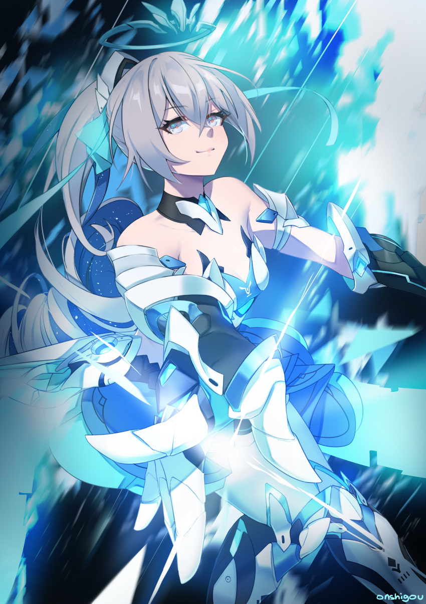Safebooru - 1girl absurdres armor armored dress artist name bare shoulders blue dress blue hair ...