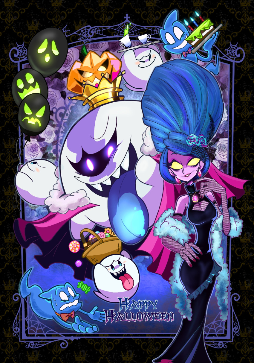 Safebooru - 1girl 3boys beehive hairdo blue hair boo (mario) closed ...
