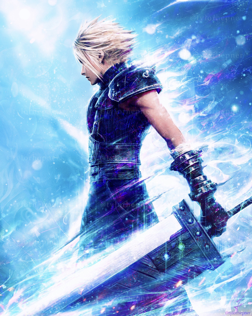 Safebooru - 1boy absurdres armor baggy pants blonde hair buster sword closed mouth cloud strife ...