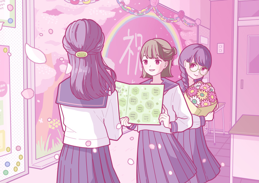 Safebooru 3girls Blush Bouquet Braid Cherry Blossoms Flower Glasses 6191