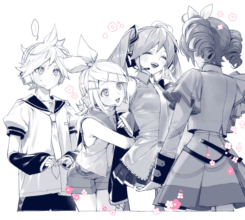Safebooru - ... 1boy 3girls adjusting clothes adjusting necktie ahoge arm hug arm warmers bare ...