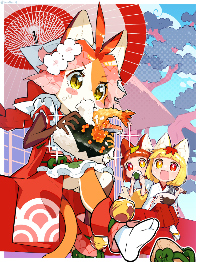 Safebooru - 3girls animal ears blonde hair blue sky body fur bowl braid ...