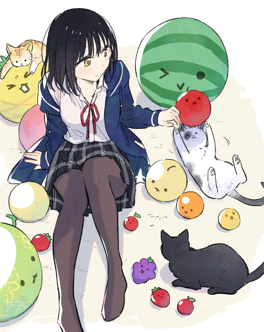 Safebooru - 1girl akinoko (noco916) apple black cat black hair blue jacket brown pantyhose ...