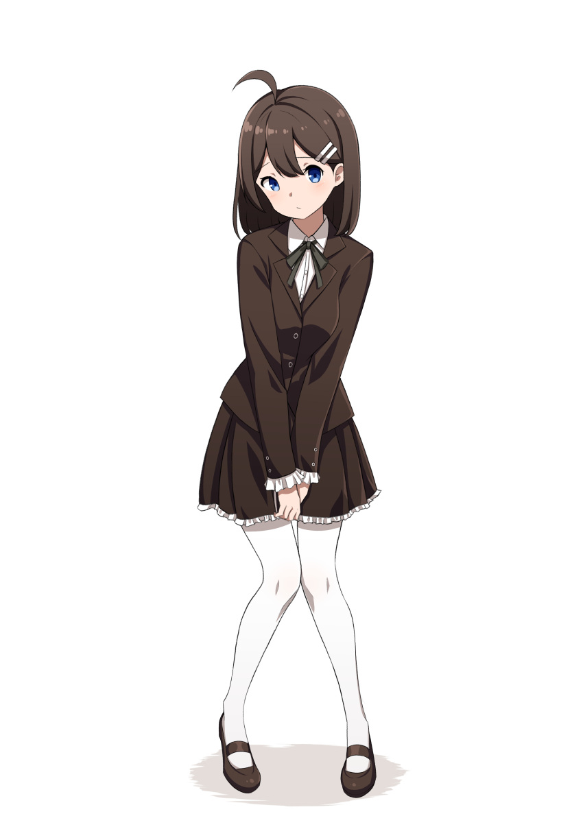 Safebooru - 1girl absurdres ahoge blue eyes brown footwear brown hair brown jacket brown skirt ...