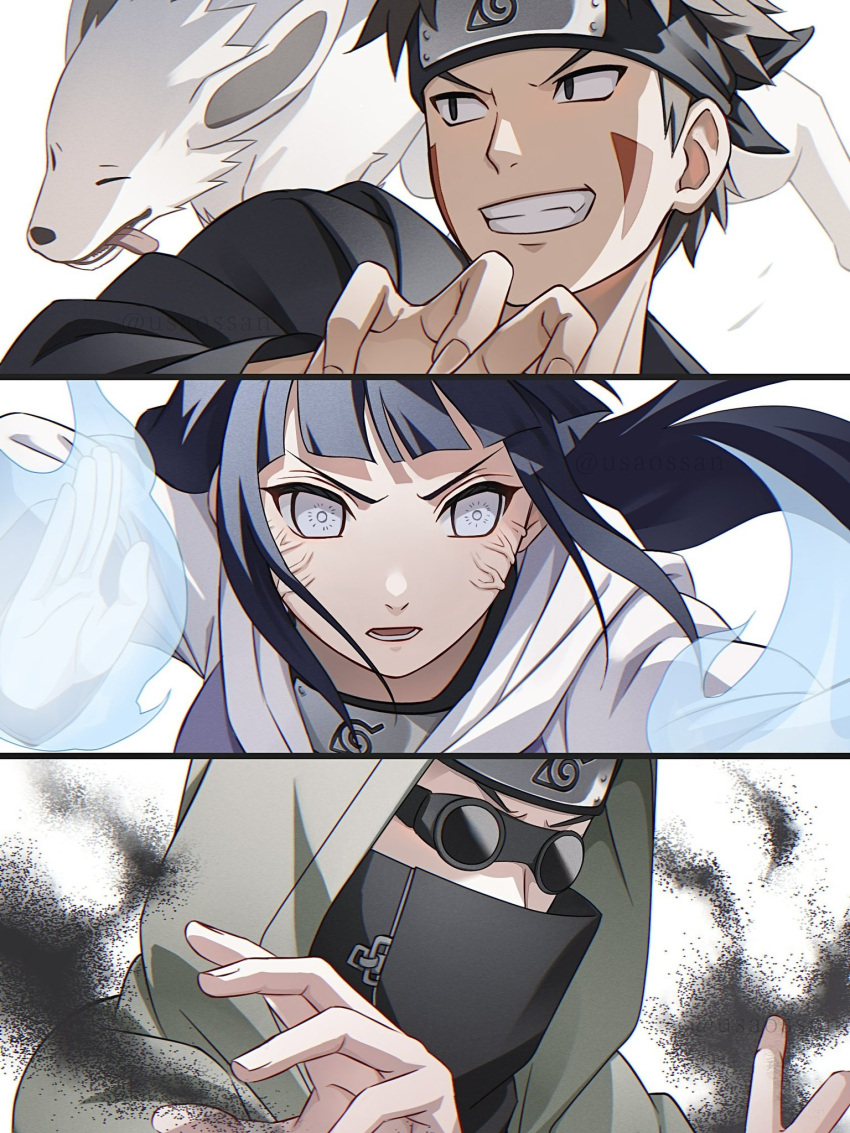 Safebooru - 1girl 2boys aburame shino akamaru (naruto) animal black hair bug byakugan dog facial ...