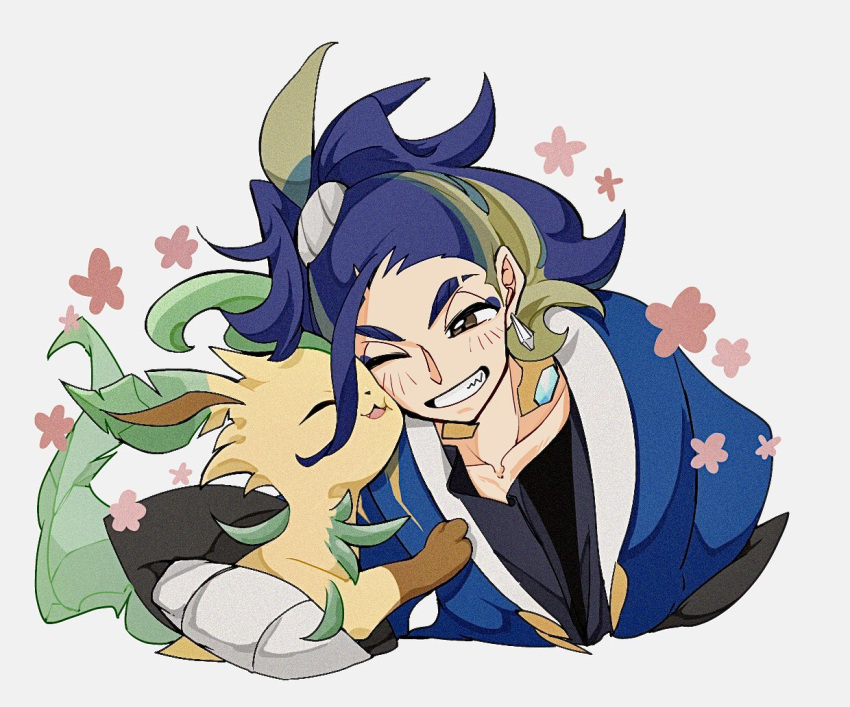 Safebooru - 1boy ^ ^ adaman (pokemon) animal ears animal hands black shirt blue coat blue hair ...