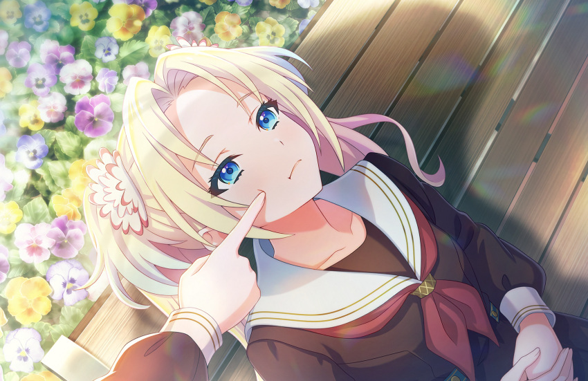 Safebooru - 2girls bench blonde hair blue eyes blue hair brown dress cheek poking closed mouth ...