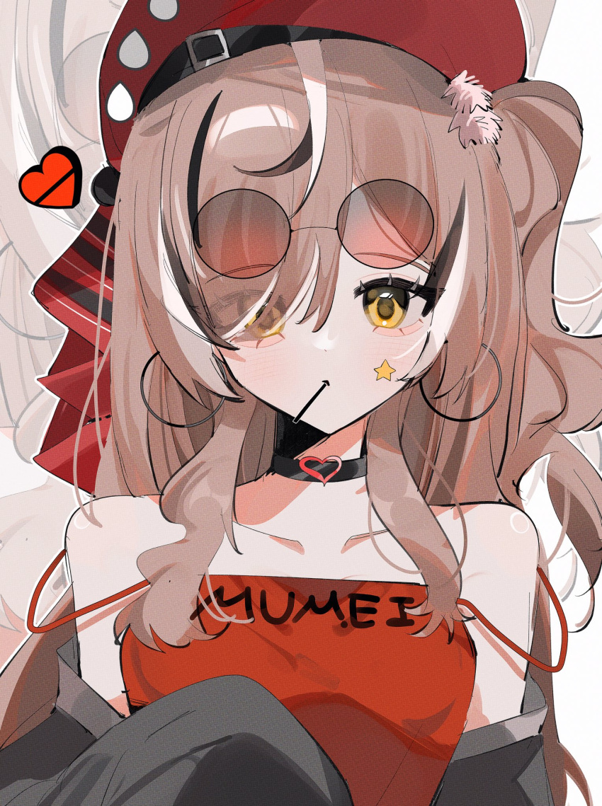 Safebooru - 1girl beret black choker brown eyes brown hair choker crop top earrings eyewear on ...