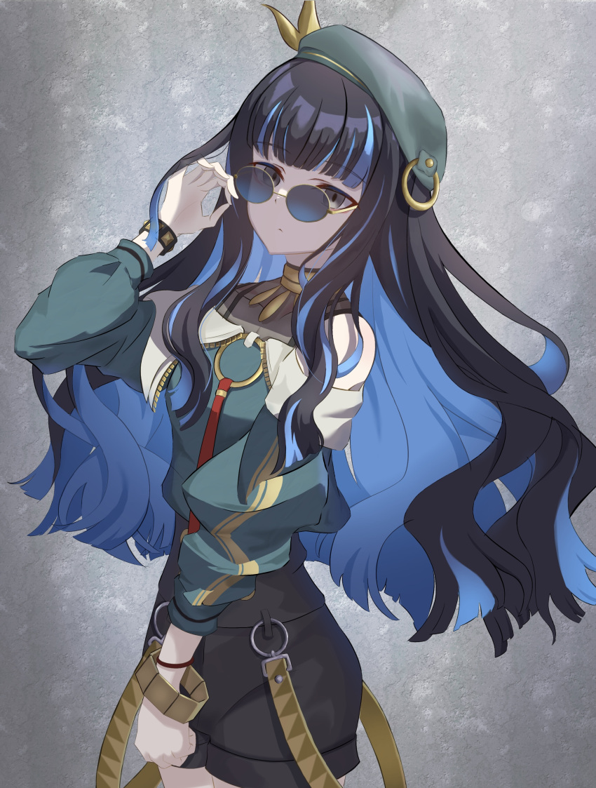 Safebooru - absurdres beret black hair blue-tinted eyewear blue hair bracelet colored inner hair ...