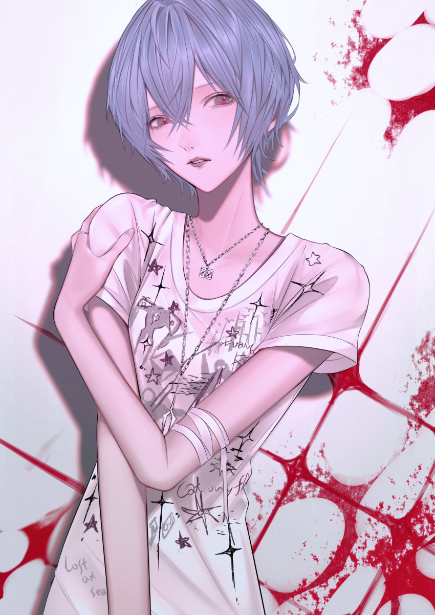 Safebooru - 1girl absurdres ayanami rei bandaged arm bandages blue hair chain chain necklace eva ...