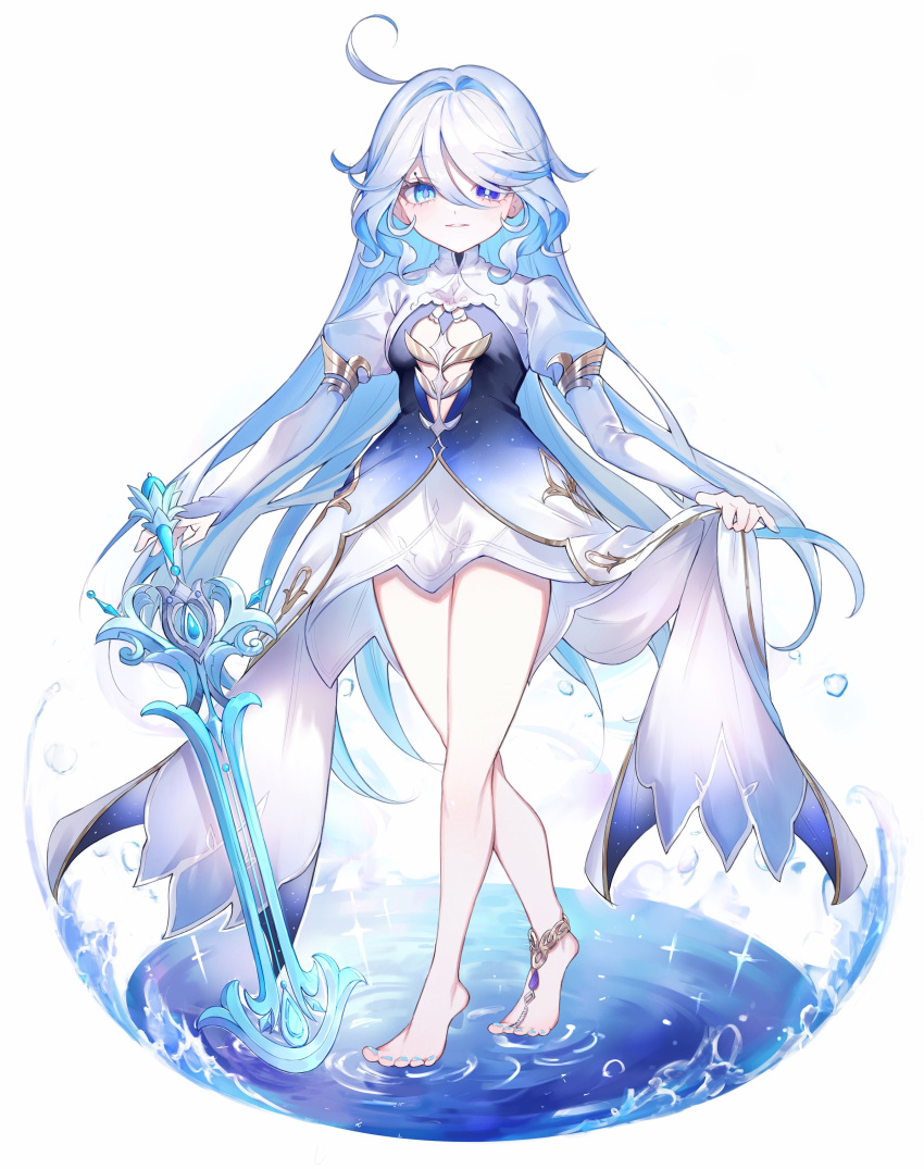 Safebooru - 1girl absurdres barefoot blue dress blue hair breasts cowlick dress drop-shaped ...