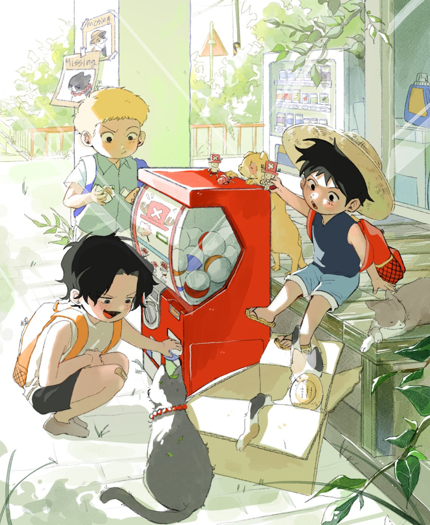 Safebooru - 3boys aged down backpack bag black eyes black hair blonde ...