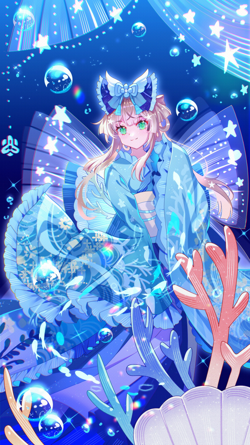 Safebooru - 1girl absurdres air bubble aqua eyes aqua kimono bubble closed mouth fish genshin ...