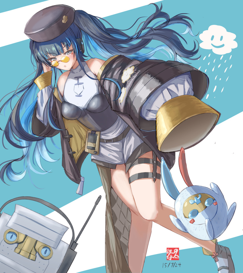 Safebooru - absurdres bare legs bare shoulders black hair black hat black jacket blue hair ...