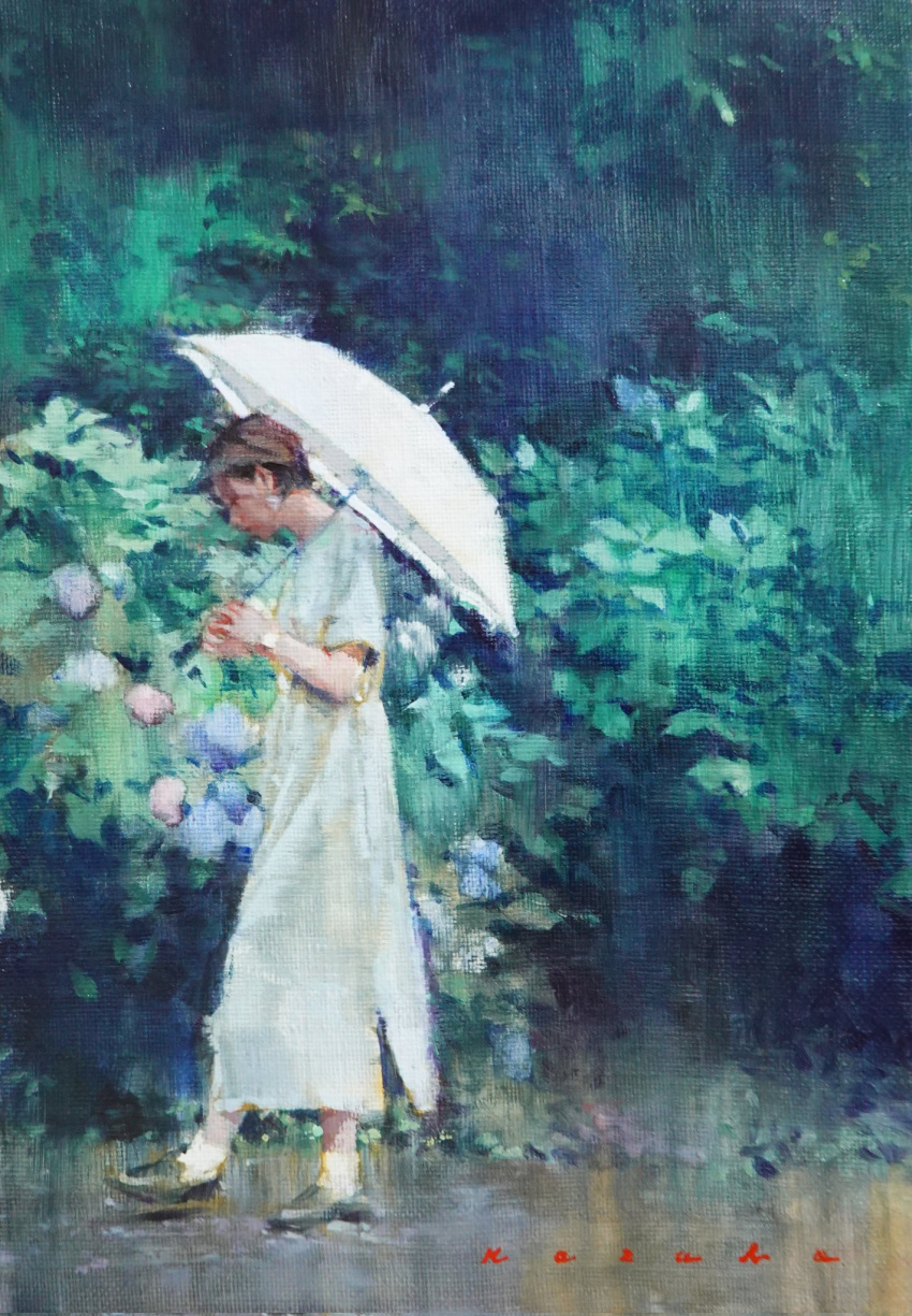 Safebooru - 1girl brown hair bush dark dress highres holding holding umbrella kazuho iwamoto ...