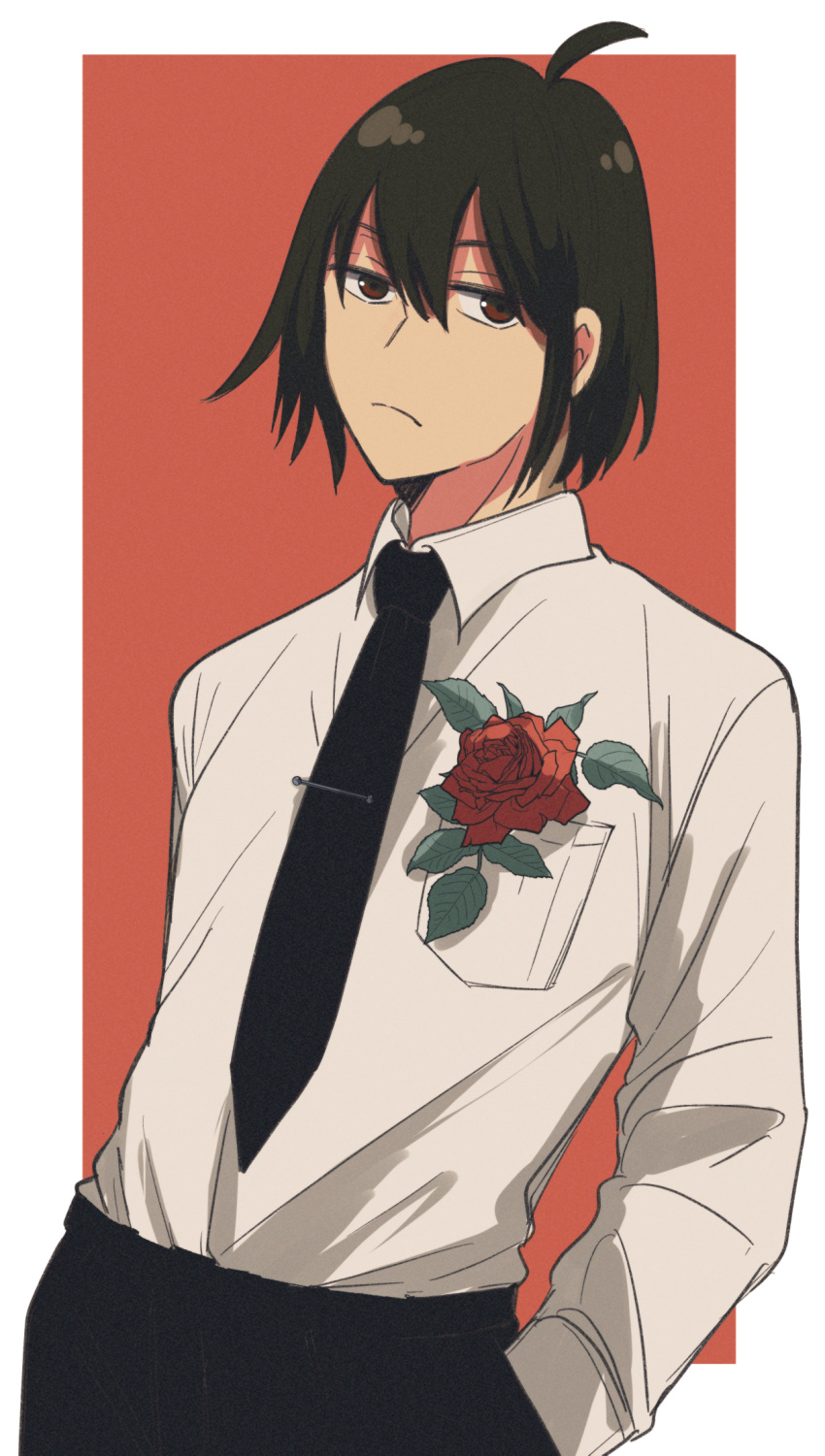 Safebooru - 1boy alex (sandora) black hair black necktie black pants closed mouth flower highres ...