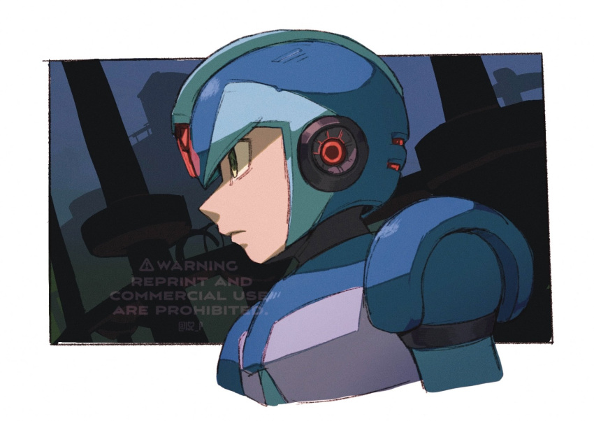 Safebooru - 1boy android armor blue armor blue helmet border dark ...