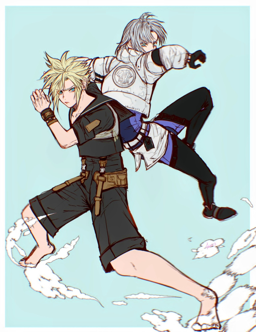 Safebooru - 2boys aqua background aqua eyes barefoot black footwear black gloves black male ...