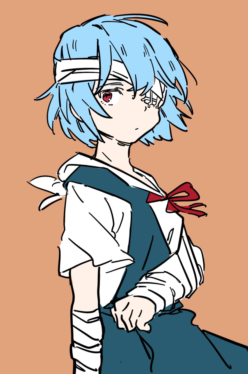Safebooru - 1girl arm sling ayanami rei blue dress blue hair closed mouth dress expressionless ...