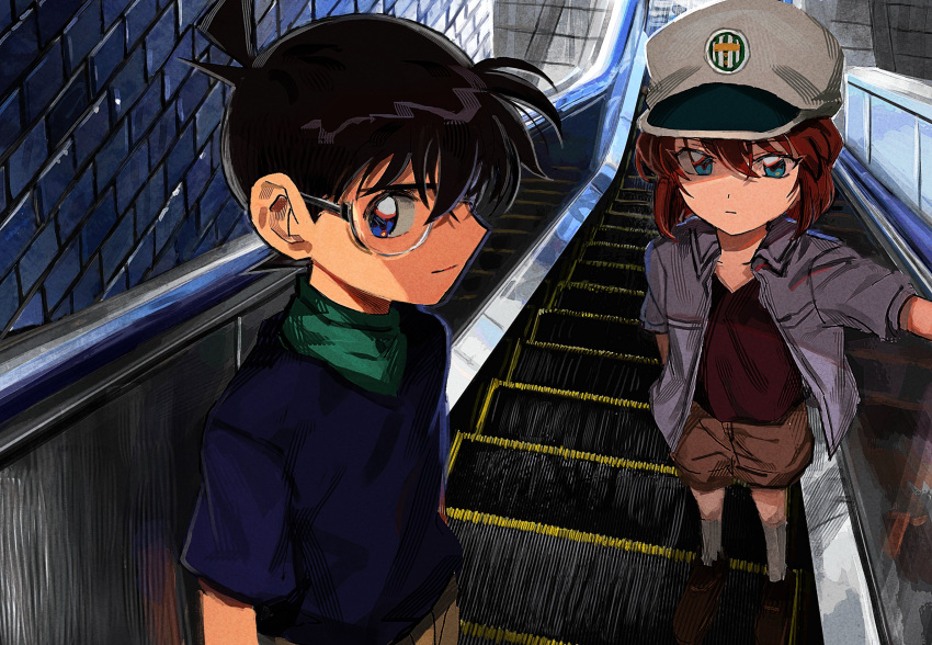 Safebooru - 1boy 1girl baseball cap black hair blue eyes blue shirt brown hair brown shirt brown ...