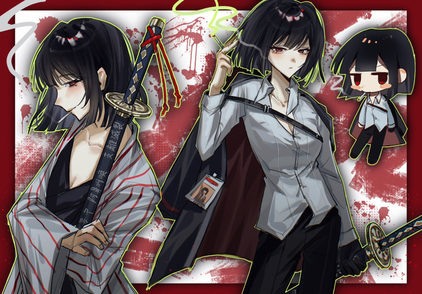 Safebooru - 1girl black coat black hair black pants black vest blood chibi cigarette coat coat ...