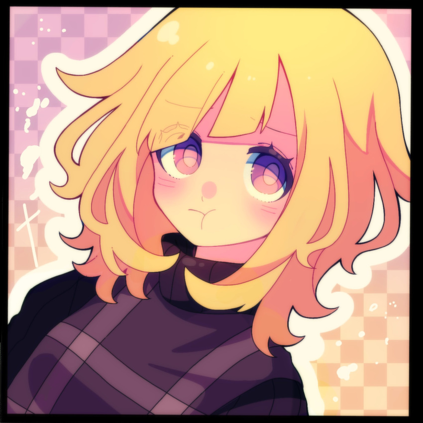 Safebooru - 1girl :t black border black sweater blonde hair blush border checkered background ...