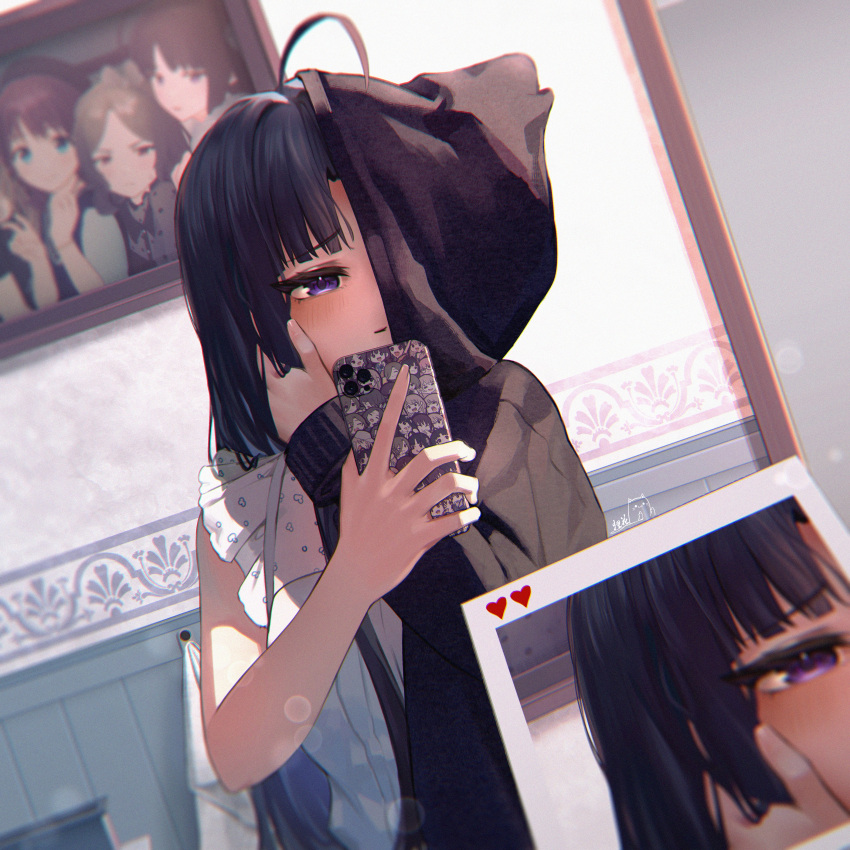 Safebooru - 1girl absurdres ahoge awa subaru black hair black hoodie chinese commentary closed ...