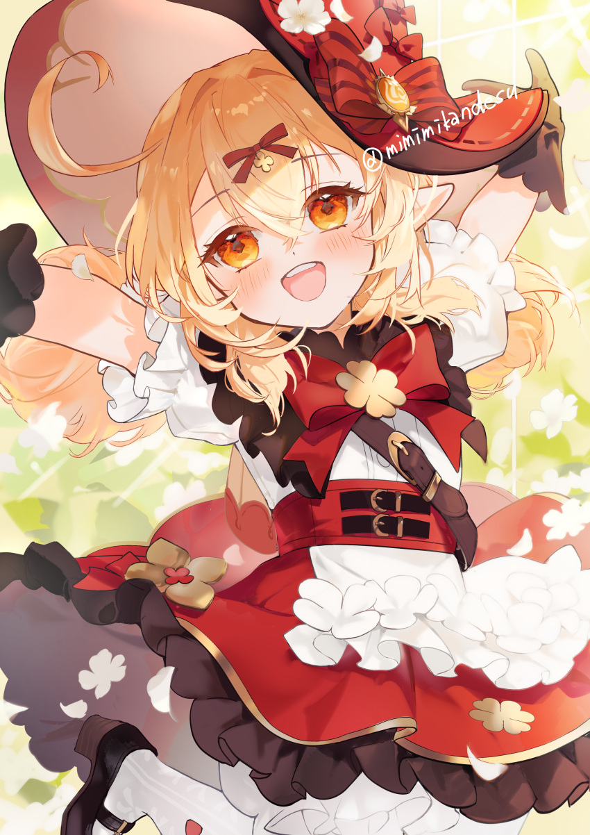 Safebooru - 1girl :d absurdres ahoge apron arms up artist name backpack bag belt black footwear ...