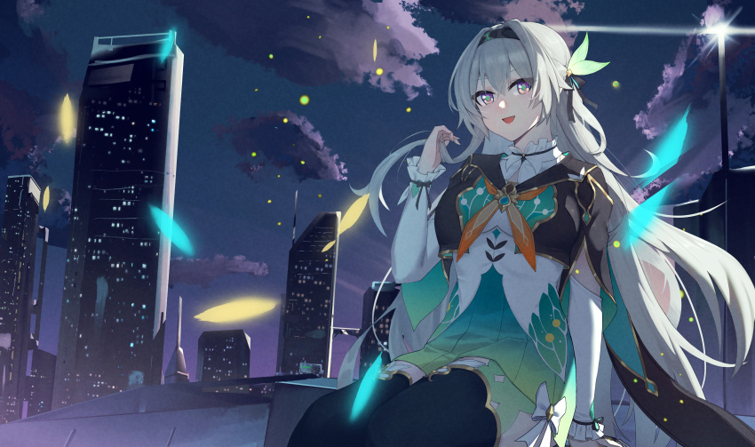 Safebooru - 1girl :d absurdres black hairband breasts building cityscape cowboy shot cropped ...