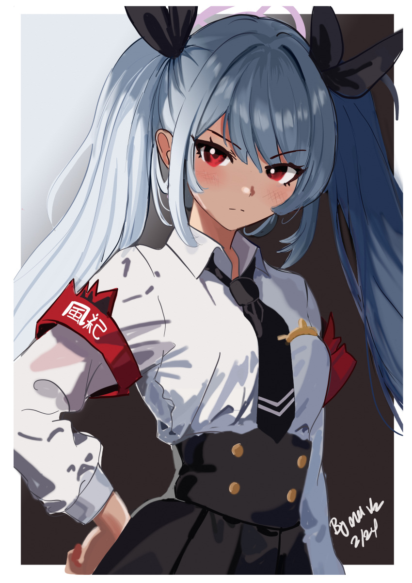 Safebooru - 1girl absurdres armband black ribbon black skirt blue archive corset dark skin grey ...