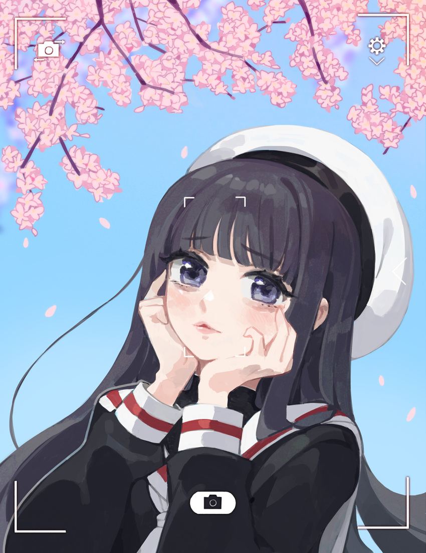 Safebooru - 1girl beret black hair black shirt blue sky blunt bangs blush cardcaptor sakura ...