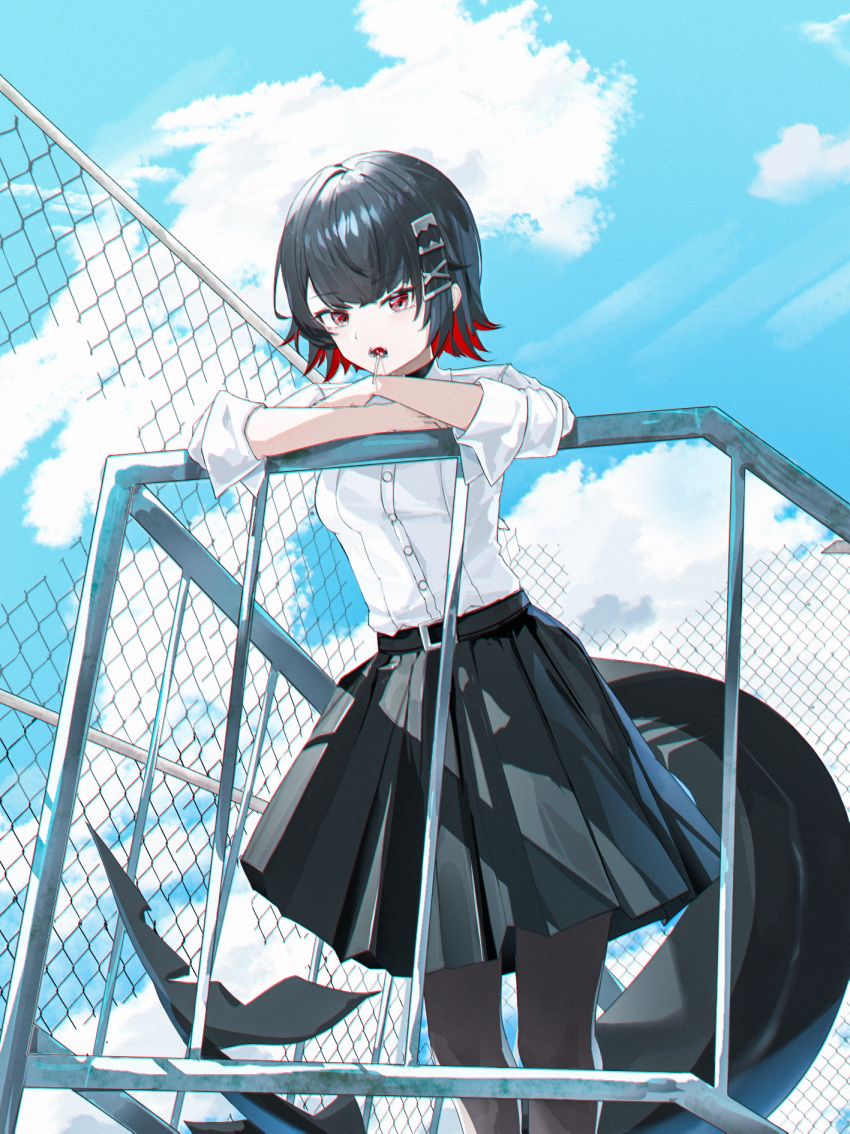 Safebooru - 1girl against railing black hair black skirt blue sky candy ...