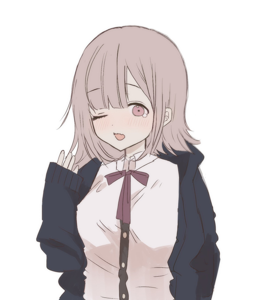 Safebooru - 1girl ;d black jacket black shirt blush breasts brown hair collared shirt ...