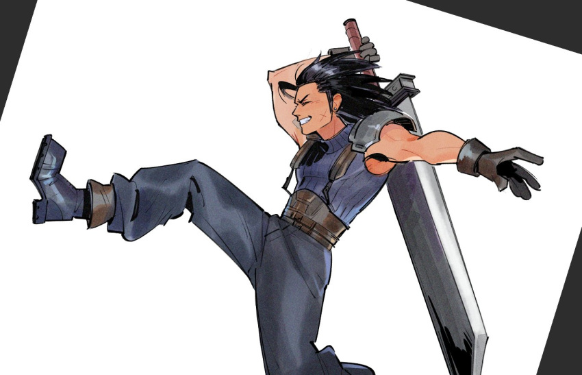 Safebooru - 1boy armor baggy pants belt black hair blue pants blue shirt boots brown belt brown ...