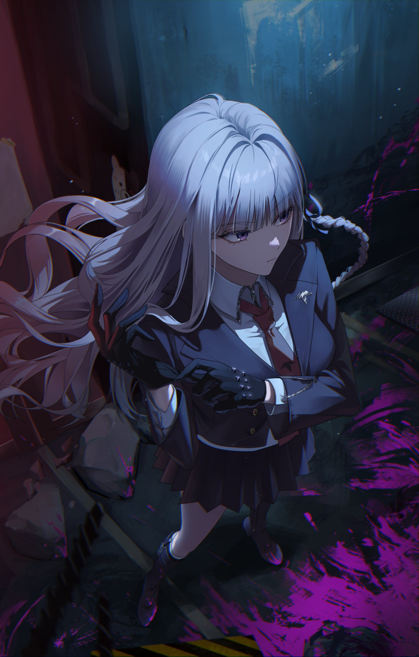 Safebooru - 1girl absurdres adjusting clothes adjusting gloves black gloves black jacket blood ...