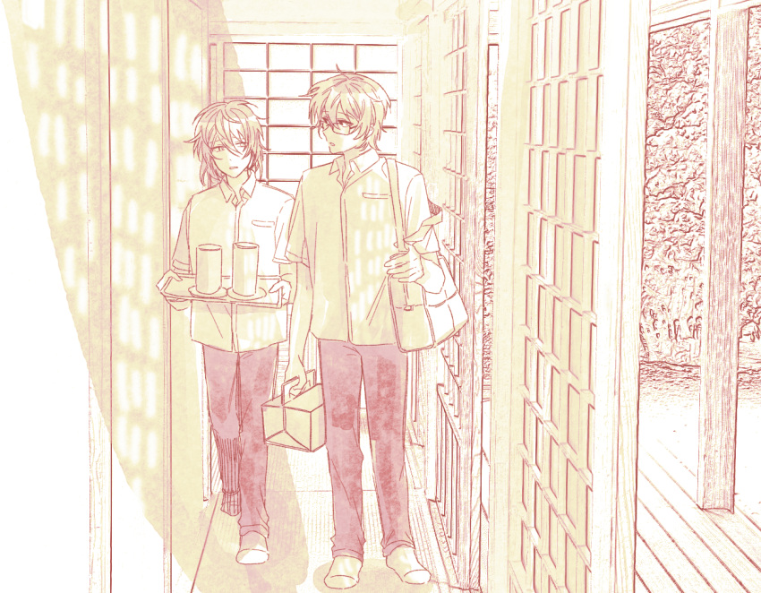 Safebooru - 2boys atou haruki bag box collared shirt full body glasses hair between eyes holding ...