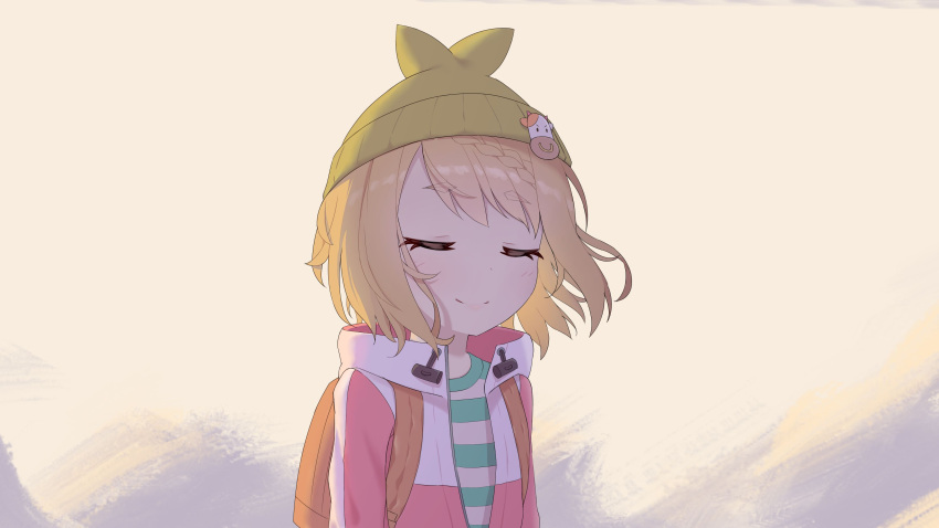 Safebooru - 1girl absurdres backpack bag beanie blonde hair braid closed eyes hat highres jacket ...