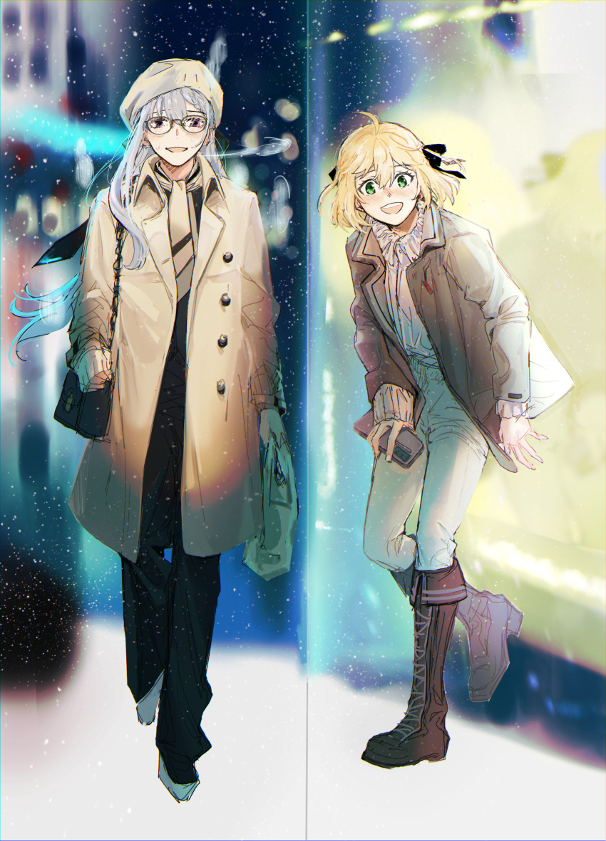 Safebooru - 2girls absurdres anisphia wynn palettia bag black pants black ribbon blonde hair ...