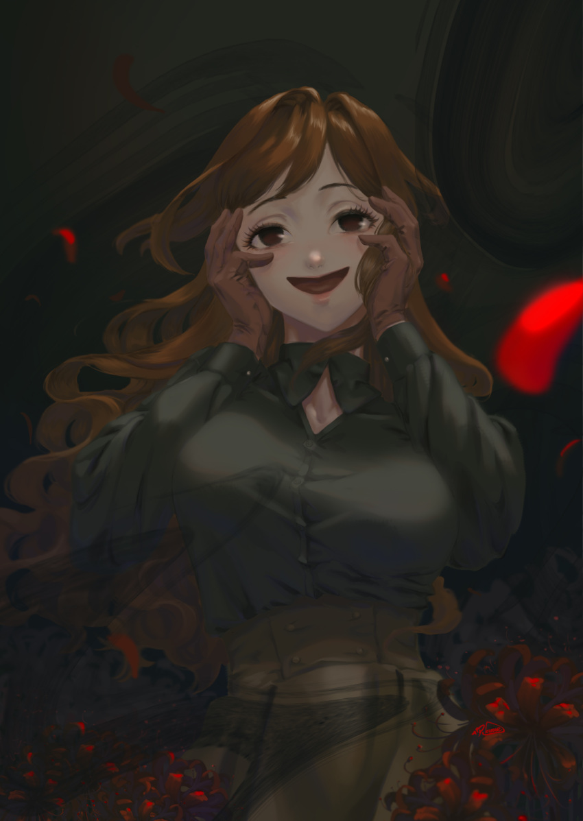Safebooru - 1girl breasts brown eyes brown gloves brown hair dark gathering flower gloves hands ...