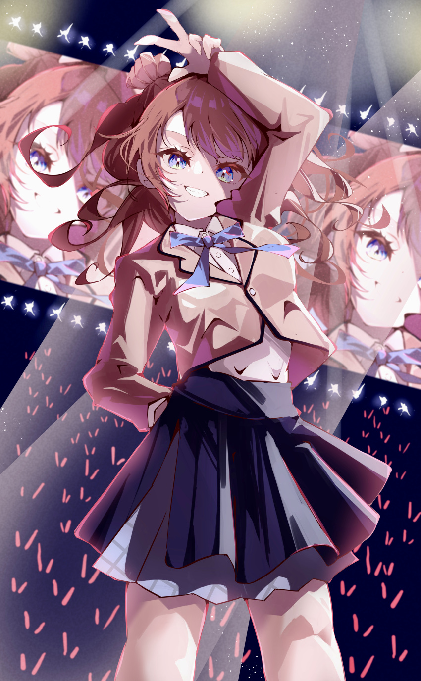 Safebooru - 1girl absurdres arm up black overskirt blue ribbon blue skirt blush brown hair brown ...
