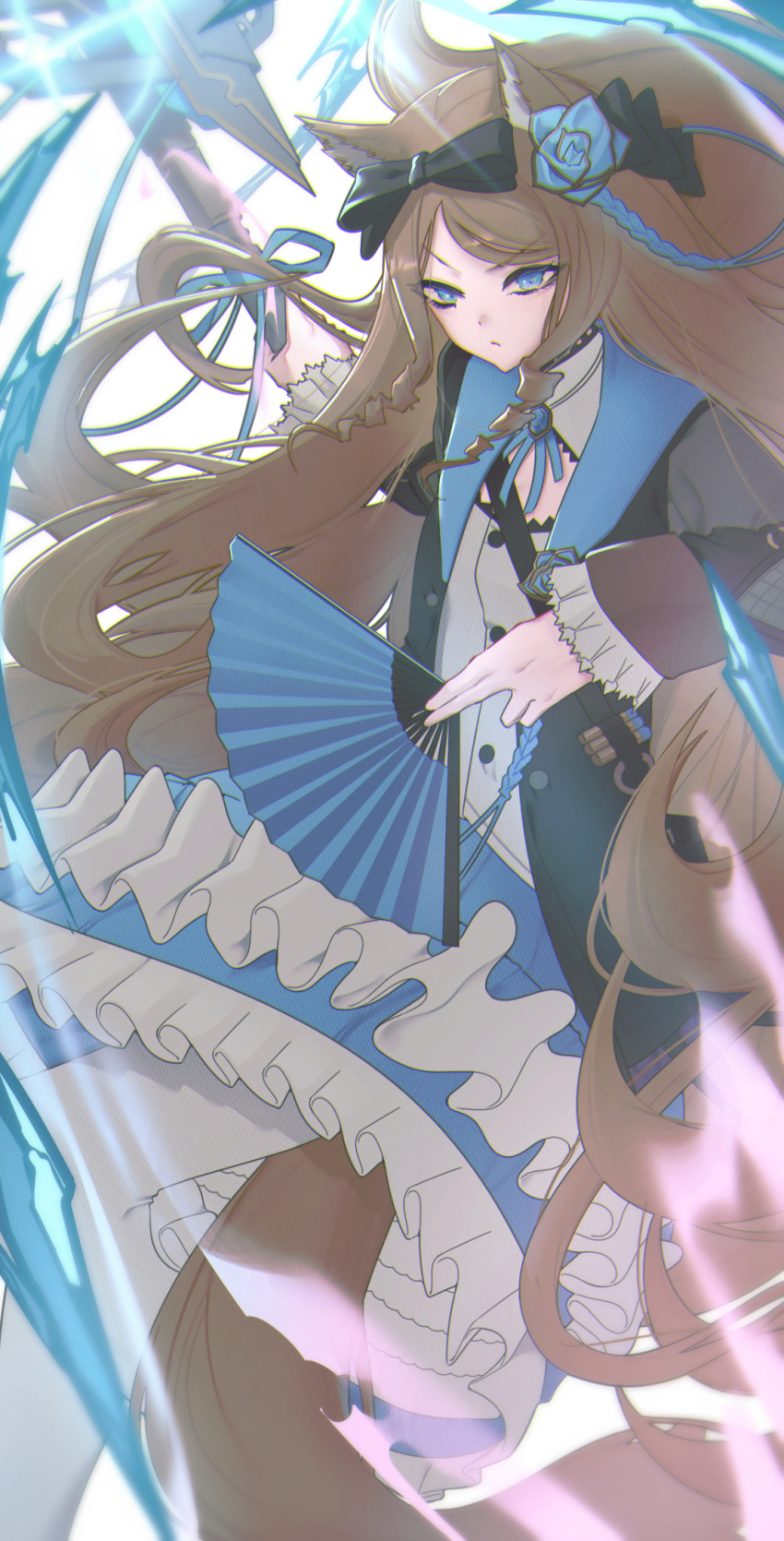 Safebooru - 1girl animal ears arknights black jacket blonde hair blue eyes blue skirt bow brown ...