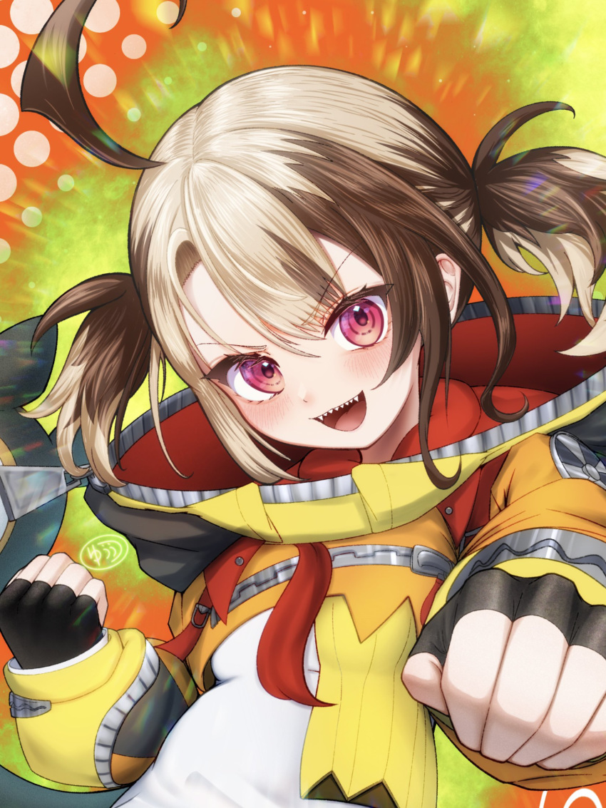 Safebooru - 1girl ahoge black gloves blush brown hair fangs fingerless ...