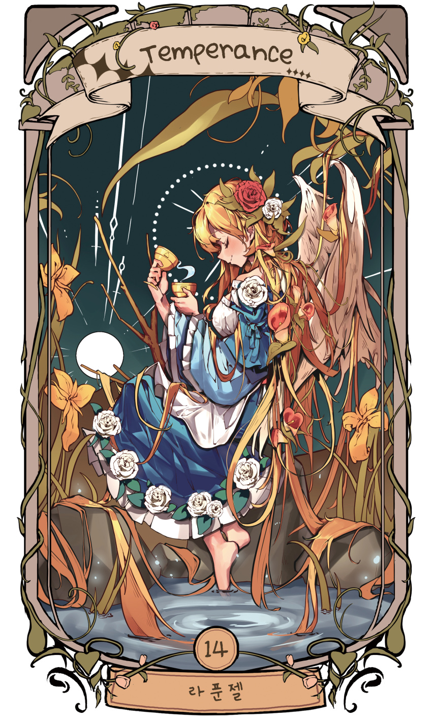 Safebooru - 1girl absurdly long hair absurdres apron barefoot blue dress character name closed ...