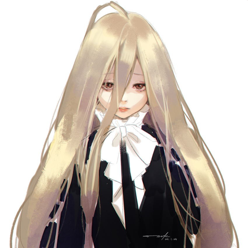 Safebooru - 1girl absurdres black dress blonde hair brown eyes dress hair between eyes highres ...