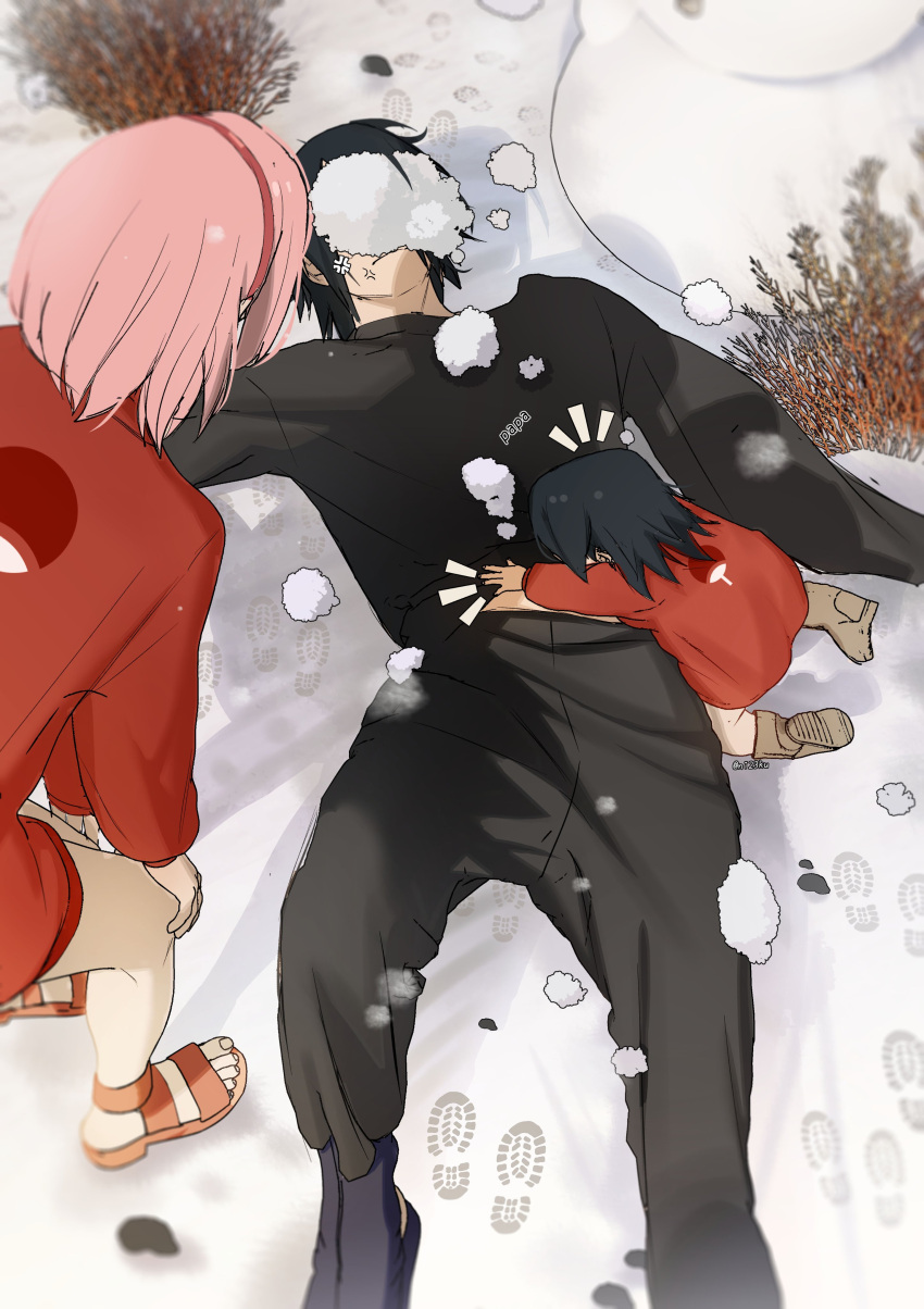 Safebooru - 1boy 2girls absurdres amputee anger vein black hair black pants black sweater boruto ...