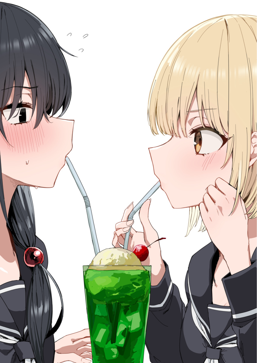 Safebooru - 2girls ameno hitsuka bendy straw black eyes black hair ...