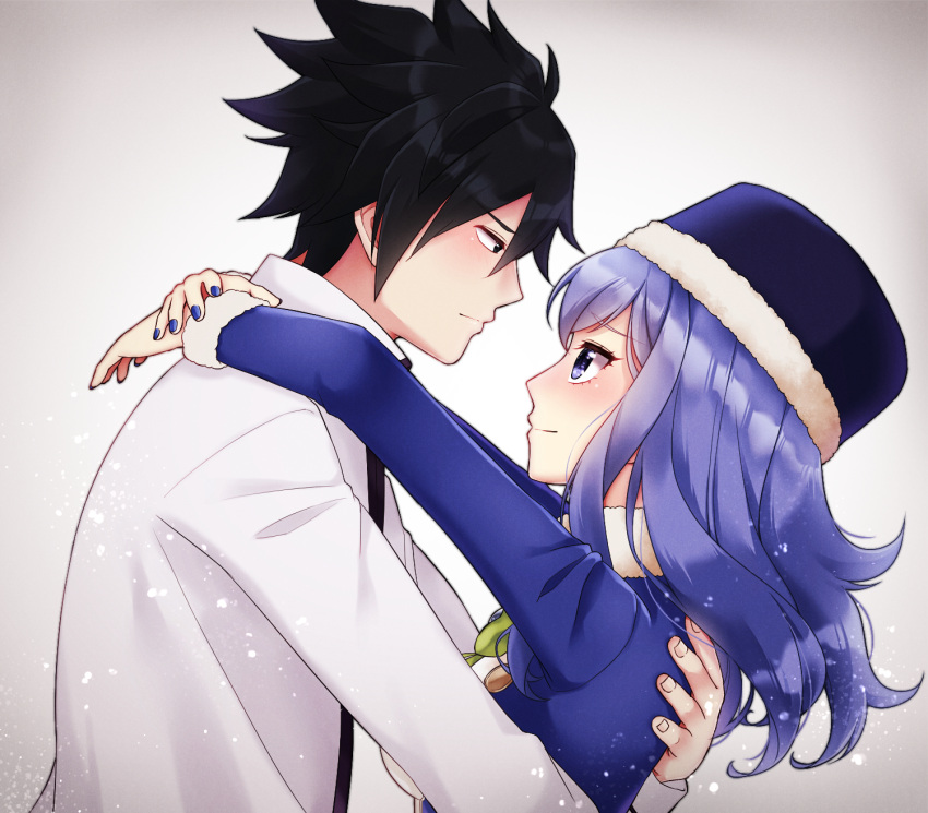 Safebooru - 1boy 1girl black eyes black hair black hat blue eyes blue hair blue nails breasts ...