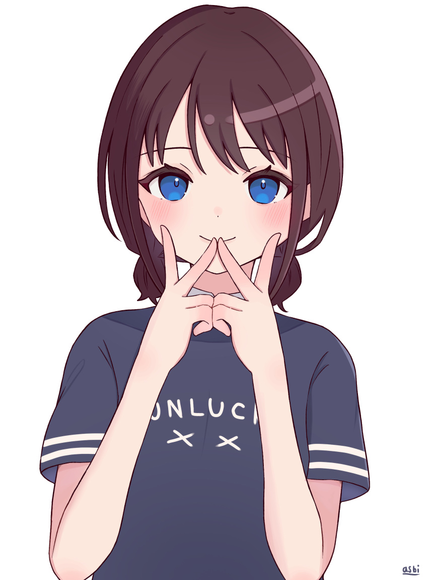 Safebooru - 1girl blue eyes blue shirt blush brown hair closed mouth commentary double v girls ...
