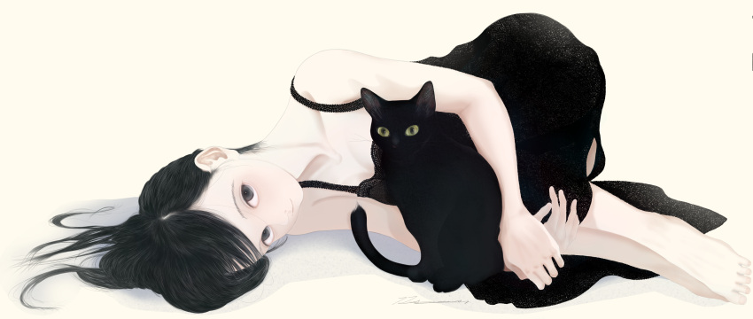 Safebooru - 1girl absurdres bare shoulders barefoot black cat black dress black hair cat dress ...