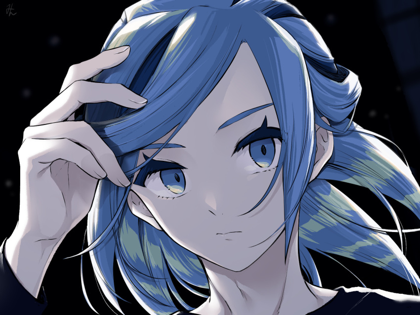 Safebooru - 1boy black background black shirt blue eyes blue hair close-up closed mouth ...